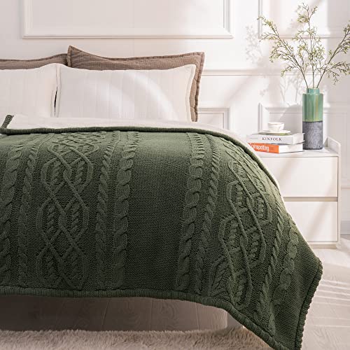 RECYCO Acrylic Cable Knit Sherpa Throw Blanket for Couch, Thick Super Soft Cozy Knit Blanket Sweater Style Sherpa Knitted Throw Blankets for Bed Sofa Chair, 50 x 60 Inches, Forest Green