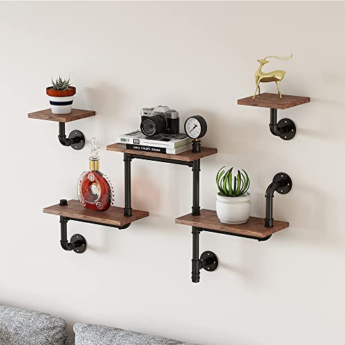 HEONITURE Industrial Pipe Shelving, Rustic Pipe Shelves for Wall Decor, Modern Ladder Shelf with Wood Planks, Floating Shelves Wall Mounted for Home, Living Room, Office(Set of 3 Bookshelf)