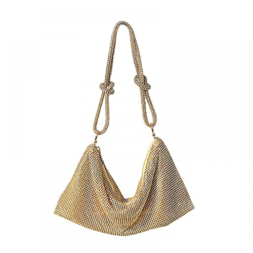 Rhinestone Hobo Bag for Women Knotted Evening Handbag Shiny Purse Sparkly Clutch Tote Dumpling Bag for Party Wedding Club (Gold)