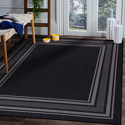 Beverly Rug Modern Bordered 5X7 Area Rug for Living Room, Dining Room Rug, Bedroom Carpet, Indoor Non Skid Rubber Backed Area Rugs, Black