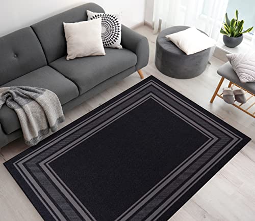 Beverly Rug Modern Bordered 5X7 Area Rug for Living Room, Dining Room Rug, Bedroom Carpet, Indoor Non Skid Rubber Backed Area Rugs, Black