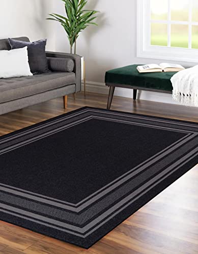 Beverly Rug Modern Bordered 5X7 Area Rug for Living Room, Dining Room Rug, Bedroom Carpet, Indoor Non Skid Rubber Backed Area Rugs, Black