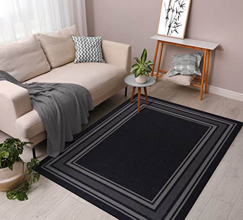 Beverly Rug Modern Bordered 5X7 Area Rug for Living Room, Dining Room Rug, Bedroom Carpet, Indoor Non Skid Rubber Backed Area Rugs, Black