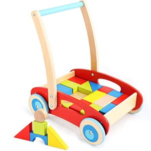 pitpat wooden baby walker with building blocks for 1 year old and up, wooden push toy for 12 month, wooden cart with blocks(35 pcs)