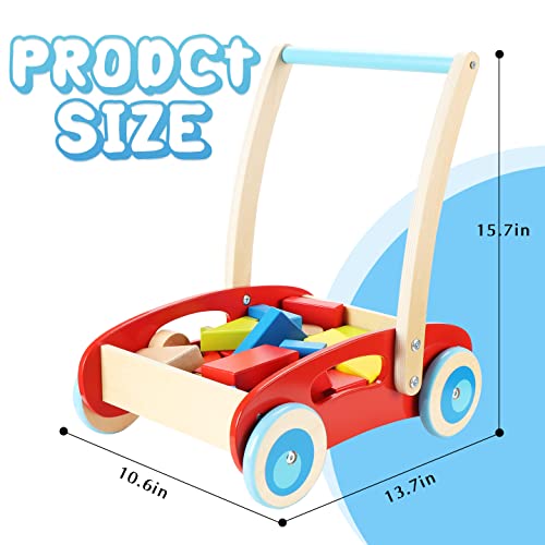 Pitpat Wooden Baby Walker with Building Blocks for 1 Year Old and up, Wooden Push Toy for 12 Month, Wooden Cart with Blocks(35 PCs)