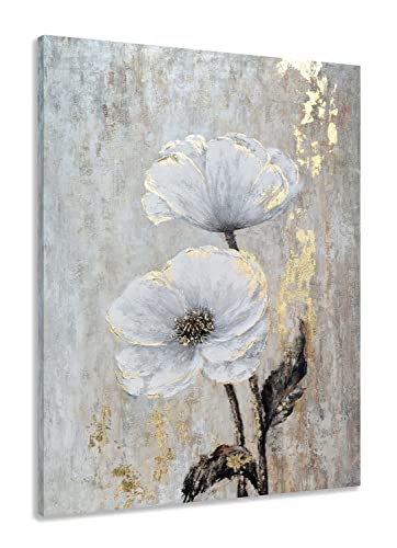 MYBEAUTYWALLA Vertical Flower Oil Painting - Hand Painted Abstract Floral Artwork with Gold Foil - Modern Still Life Pictures for Living Room Hallway Farmhouse Decor