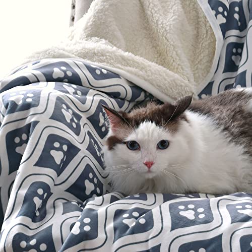 Long Rich Sherpa Fleece Pet Blanket Furniture Protector,Super Soft Warm Plush Pet Throws Blankets(White paw Ogee, 80 L x 60 W)