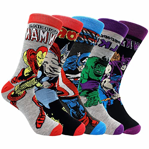 JAHERM Marvel Avengers Crazy Socks for Men, 5 Pack Funky Funny Novelty Colorful Cotton Superhero Crew Socks, Groomsmen Socks, US Size 9-11