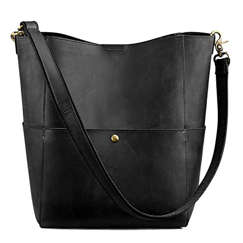 S-ZONE Women Genuine Leather Bucket Bag Hobo Shoulder Handbag Crossbody Purses Vintage Tote Pocketbooks