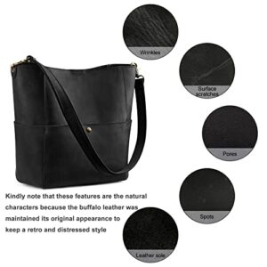 S-ZONE Women Genuine Leather Bucket Bag Hobo Shoulder Handbag Crossbody Purses Vintage Tote Pocketbooks