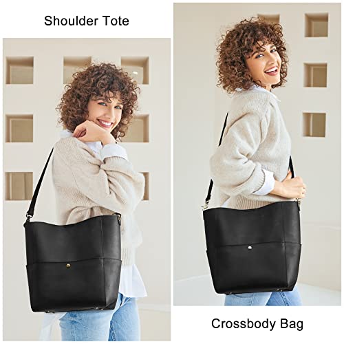 S-ZONE Women Genuine Leather Bucket Bag Hobo Shoulder Handbag Crossbody Purses Vintage Tote Pocketbooks