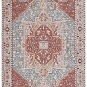 SAFAVIEH Tucson Collection Machine Washable Slip Resistant 8' x 10' Aqua / Rust TSN150J Traditional Vintage Persian Medallion Living Room Dining Bedroom Area Rug