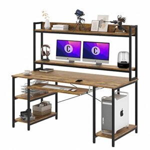 55 inch computer desk with keyboard tray, industrial desk with hutch storage shelves gaming desk with monitor shelf cpu stand study writing desk for home office, easy to assemble, rustic brown