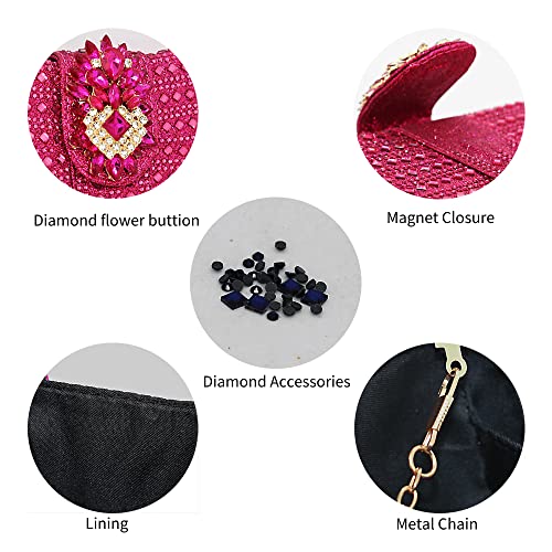 Chaliwini Hot Pink Purse Bow Flower Evening Bag Rhinestone Clutch Party Handbags For Women(Fuchsia)