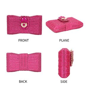 Chaliwini Hot Pink Purse Bow Flower Evening Bag Rhinestone Clutch Party Handbags For Women(Fuchsia)