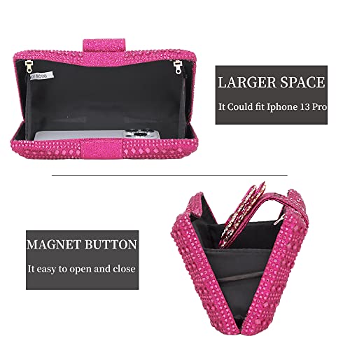 Chaliwini Hot Pink Purse Bow Flower Evening Bag Rhinestone Clutch Party Handbags For Women(Fuchsia)