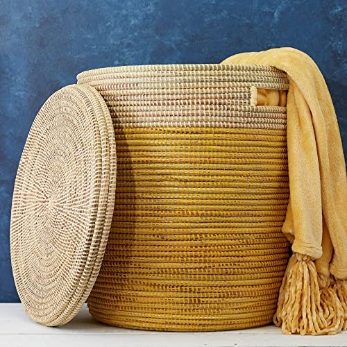 Senegal Extra Large Hand Woven Grass Yellow Beige Color Block Basket with Flat Lid