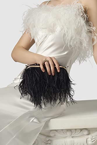 BABEYOND Women's Ostrich Feather Clutch - Pearl Evening Bag Shoulder Dress Handbag Purse for 1920s Party Prom Wedding