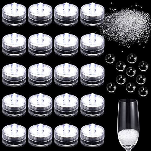 20 Pack Submersible LED Lights 10000 Vase Filler Beads Gems Underwater Pool Tea Lights White Waterproof LED Lights Water Growing Translucent Gel Pearls Clear Pearls for Vases Wedding Party