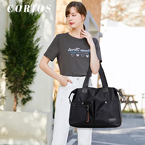 CORIOS Women Shoulder Bag Nylon Handbag Casual Top Handle Bag Multi Pocket Crossbody Bag Waterproof Messenger Bag Lightweight Tote Bag Hobo Bag for Shopping Work Party Travel School Black