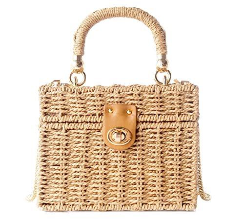 Handwoven Rattan vintage purse Bag Natural Chic Casual Handbag Beach Sea tote Basket Straw vacation Bag (Brown)