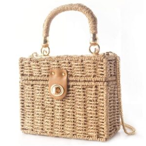 Handwoven Rattan vintage purse Bag Natural Chic Casual Handbag Beach Sea tote Basket Straw vacation Bag (Brown)