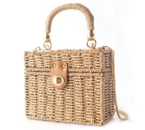 Handwoven Rattan vintage purse Bag Natural Chic Casual Handbag Beach Sea tote Basket Straw vacation Bag (Brown)