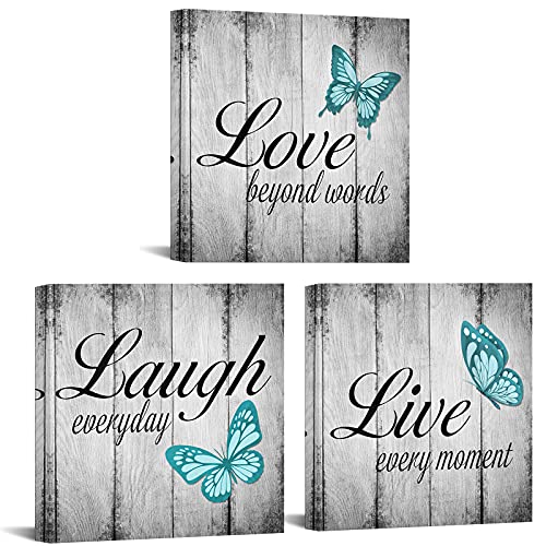 Conipit 3 Pieces Butterfly Wall Art Canvas Teal and Grey Paintings Picture Live Love Laugh Quotes Artwork for Bathroom Living Room Office Wall Decor Ready to Hang 12" L x 12" W x 3pcs