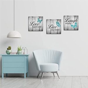 Conipit 3 Pieces Butterfly Wall Art Canvas Teal and Grey Paintings Picture Live Love Laugh Quotes Artwork for Bathroom Living Room Office Wall Decor Ready to Hang 12" L x 12" W x 3pcs