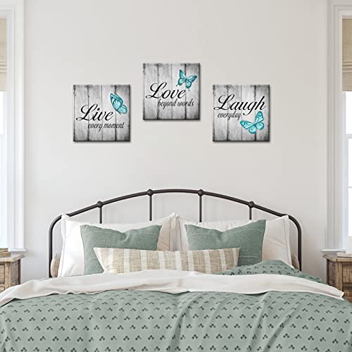 Conipit 3 Pieces Butterfly Wall Art Canvas Teal and Grey Paintings Picture Live Love Laugh Quotes Artwork for Bathroom Living Room Office Wall Decor Ready to Hang 12" L x 12" W x 3pcs