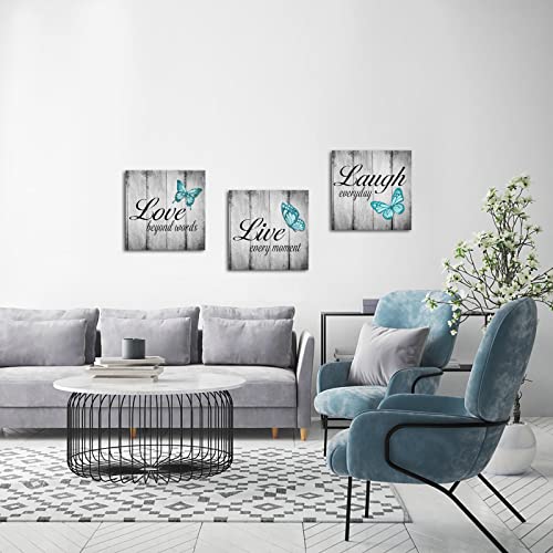 Conipit 3 Pieces Butterfly Wall Art Canvas Teal and Grey Paintings Picture Live Love Laugh Quotes Artwork for Bathroom Living Room Office Wall Decor Ready to Hang 12" L x 12" W x 3pcs