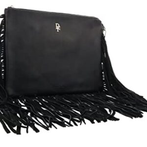 Daniela Fargion Black Leather Suede Fringe Pouch Clutch for womens