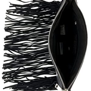 Daniela Fargion Black Leather Suede Fringe Pouch Clutch for womens