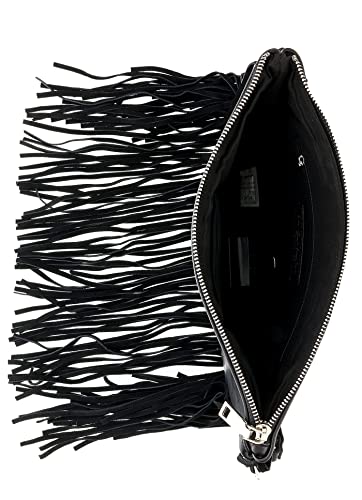 Daniela Fargion Black Leather Suede Fringe Pouch Clutch for womens