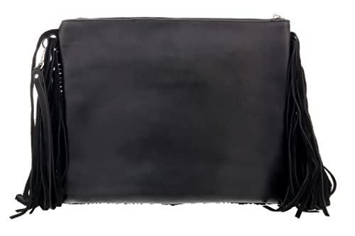 Daniela Fargion Black Leather Suede Fringe Pouch Clutch for womens