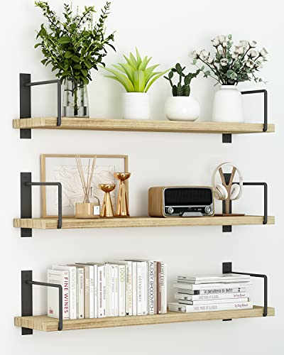 EALLRINEC Floating Shelves, 24 Inches Easy to Install Wall Mounted Shelves, Wall Shelves Set of 3, Rustic Wood Shelves for Wall Décor, Storage Shelves for Living Room, Bathroom, Bedroom