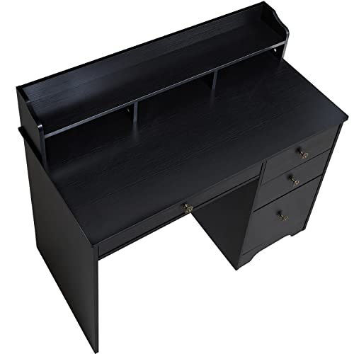 Computer Desk with 4 Storage Drawers and Hutch Shelf, Wood Frame Home Office Desk with Wide Tabletop, Industrial Vintage Style Executive Desk Writing Study Table PC Desk, Black