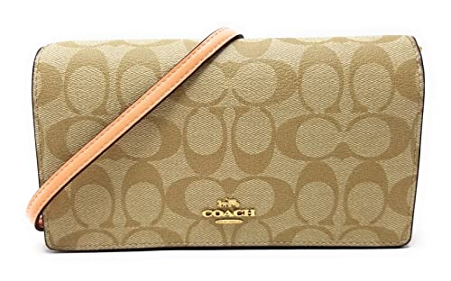 COACH Women's Anna Foldover Crossbody Clutch (Signature Canvas - Light Khaki - Faded Blush)