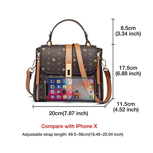 PVC Leather Handbags for Women, Faux Leather Ladies Small Monogram Top-handle Bags with Adjustable Shoulder Strap Mini Crossbody Zipper Bags Womens Signature Satchel Purses and Handbags Girls (Brown)