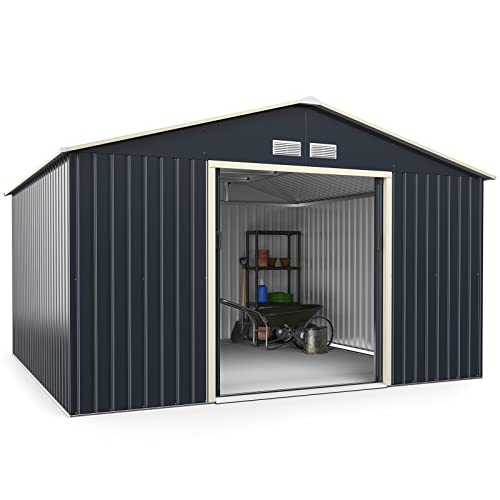 Goplus Storage Shed, Metal 11’ X 10’ Outdoor Building Organizer with 4 Vents & Double Sliding Door for Garden Backyard Farm (11'X10')