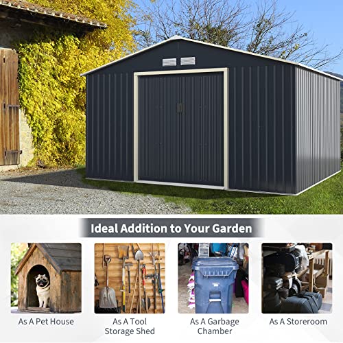 Goplus Storage Shed, Metal 11’ X 10’ Outdoor Building Organizer with 4 Vents & Double Sliding Door for Garden Backyard Farm (11'X10')