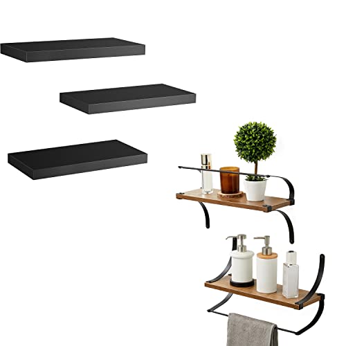 AMADA HOMEFURNISHING Floating Shelves Wall Mounted, AMFS07 Black with Invisible Brackets & AMFS20N Rustic Brown with Towel Bar