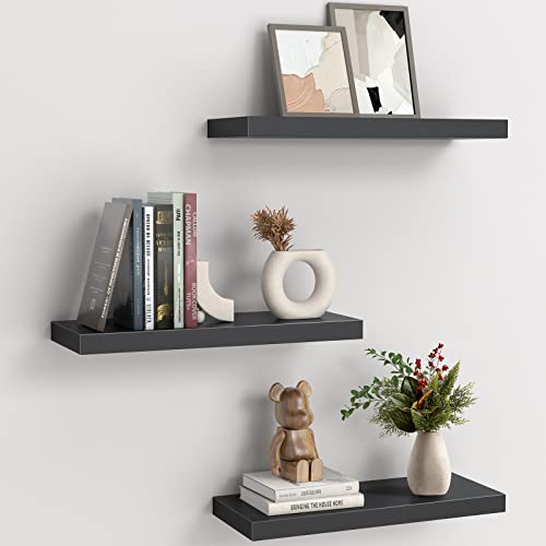 AMADA HOMEFURNISHING Floating Shelves Wall Mounted, AMFS07 Black with Invisible Brackets & AMFS20N Rustic Brown with Towel Bar