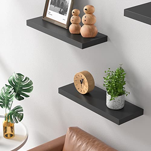 AMADA HOMEFURNISHING Floating Shelves Wall Mounted, AMFS07 Black with Invisible Brackets & AMFS20N Rustic Brown with Towel Bar