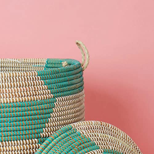 Senegal Jumbo Hand Woven Grass Turquoise Herringbone Basket with Hooded Lid