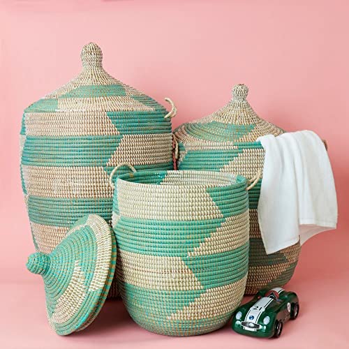 Senegal Jumbo Hand Woven Grass Turquoise Herringbone Basket with Hooded Lid