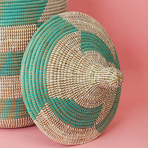 Senegal Jumbo Hand Woven Grass Turquoise Herringbone Basket with Hooded Lid