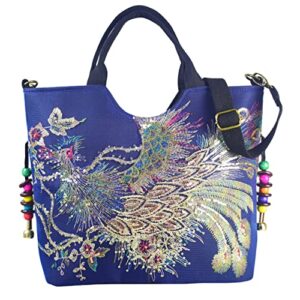 vintage shoulder handbags for women,tote handbags,ladies travel hobo handbag with sparkly sequins phoenix embroidered (blue)