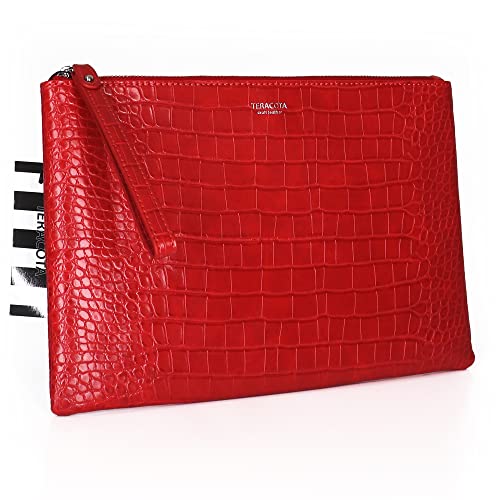 TERACOTA Wristlet Clutch Crocodile Grain PU Leather Purses for Women Evening Bag Red