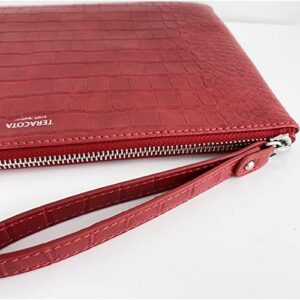 TERACOTA Wristlet Clutch Crocodile Grain PU Leather Purses for Women Evening Bag Red